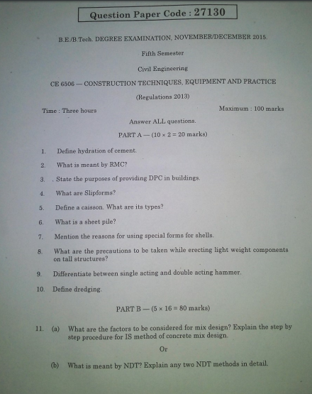 CE6506 Construction Techniques, Equipment and Practice Nov Dec 2015 ...