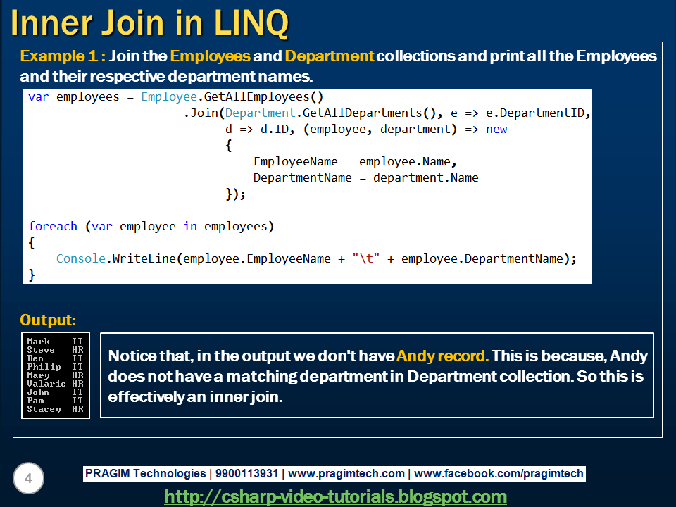 Sql server, .net and c# video tutorial: Part 22 - Inner Join in LINQ Sql server, .net and c# video tutorial: Part 22 - Inner Join in LINQ