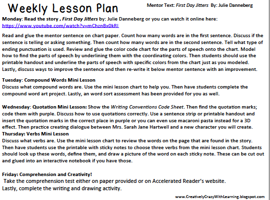 Creatively Crazy With Learning: Back to School Mentor Text Lesson Plans