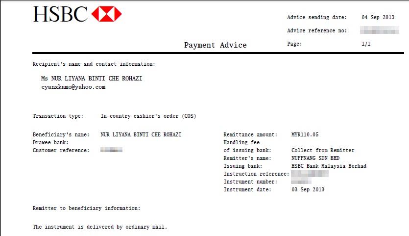 PAYMENT ADVICE HSBC DARI NUFFNANG - CikCappuccinoLatte