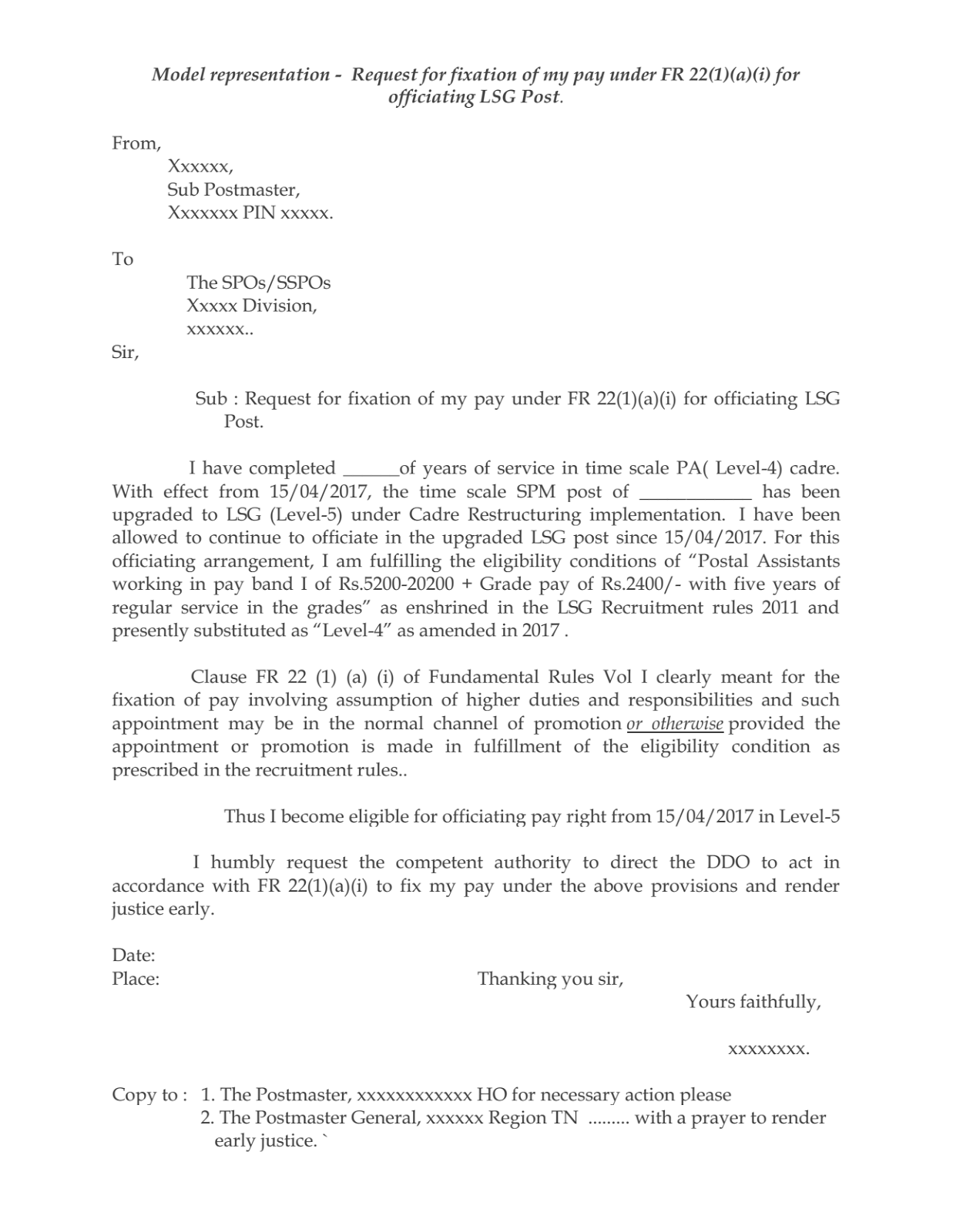 Request for fixation of my pay under FR 22(1)(a)(i) for officiating LSG ...