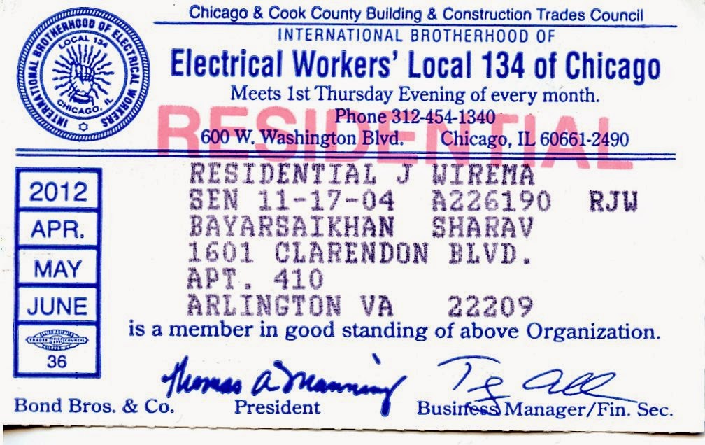 Electric Work: I.B.E.W. Union Local Number 134 Membership Card