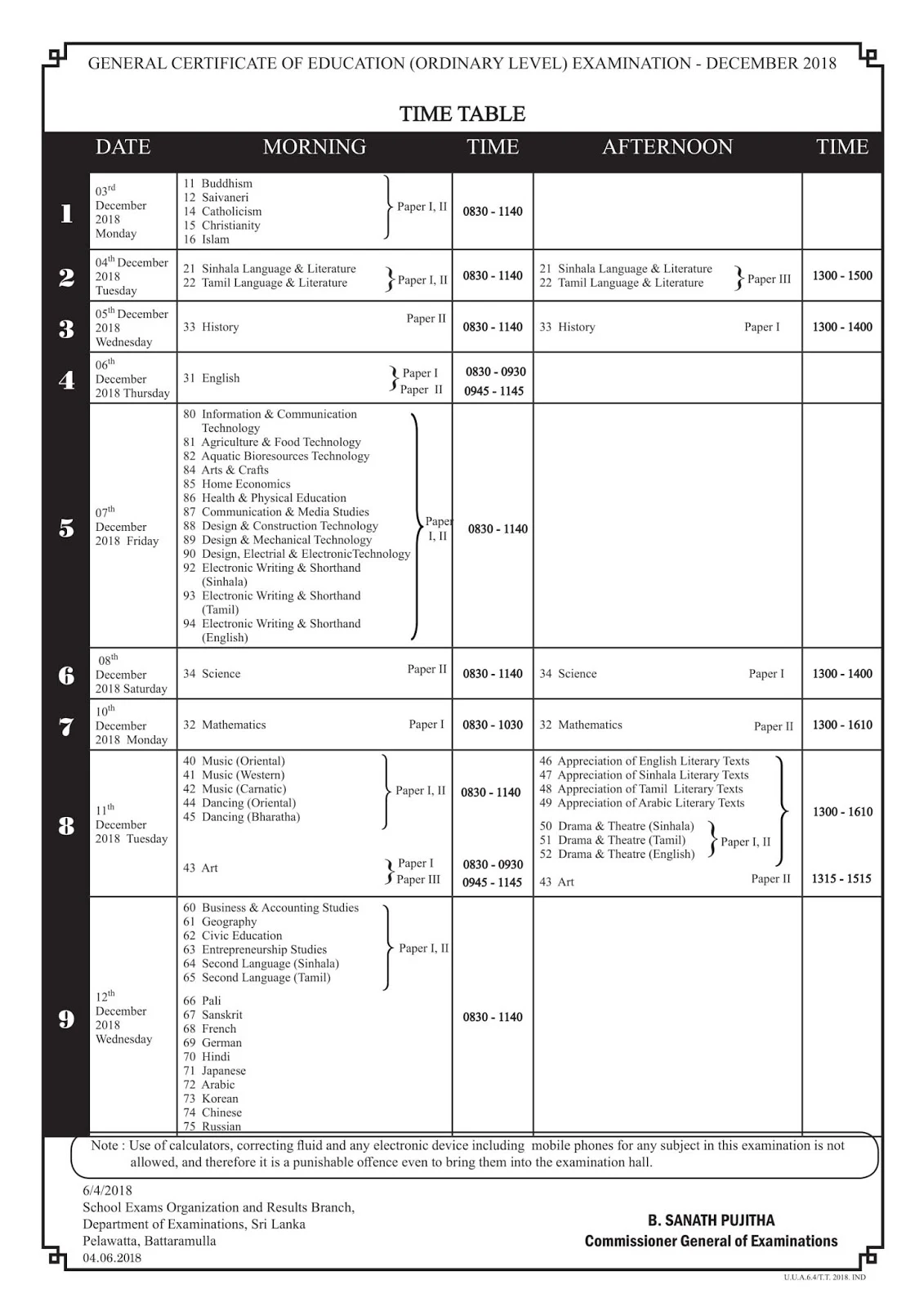 Time Table : G.C.E O/L 2018 Examination - Teacher