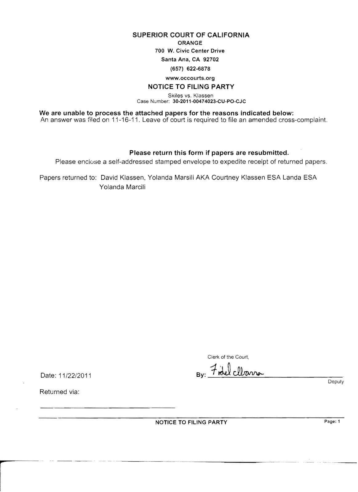 Cross Complaint: Court Returned Amended Cross Complaint 11/22/11