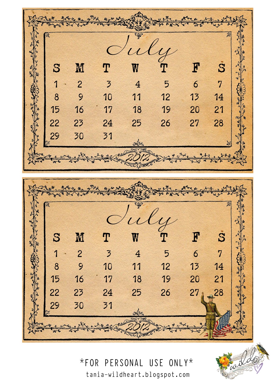 Wild@heart: Friday freebie - July calendar