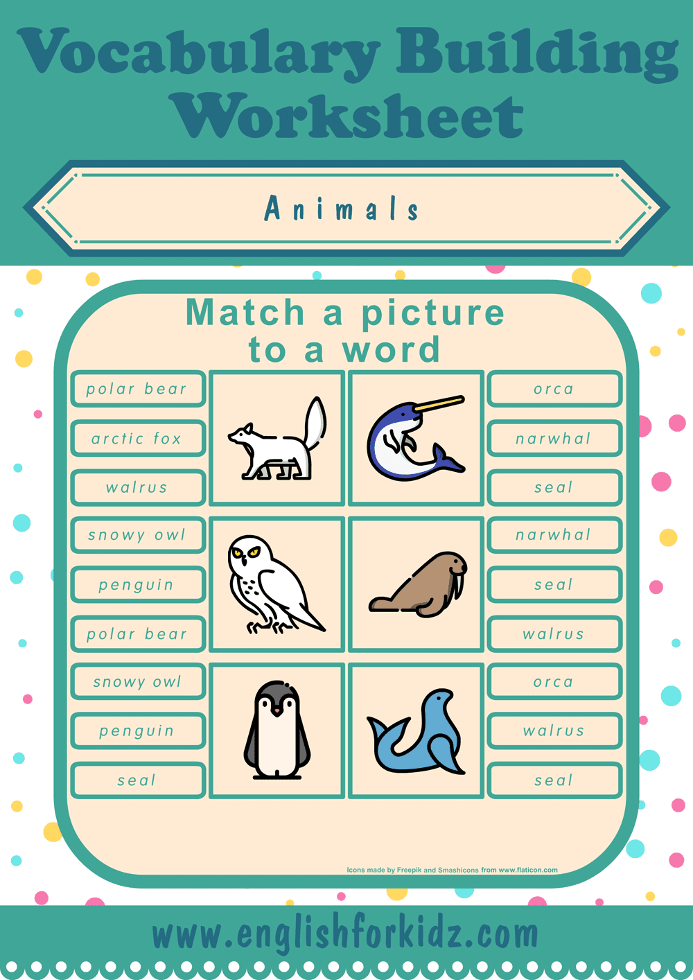 Animals Worksheets: Picture to Word Matching