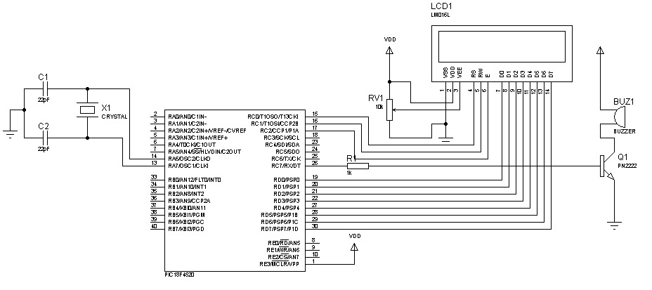 Digital Alarm Clock Using PIC18F4520 on LCD (Code.c + Proteus Circuit)