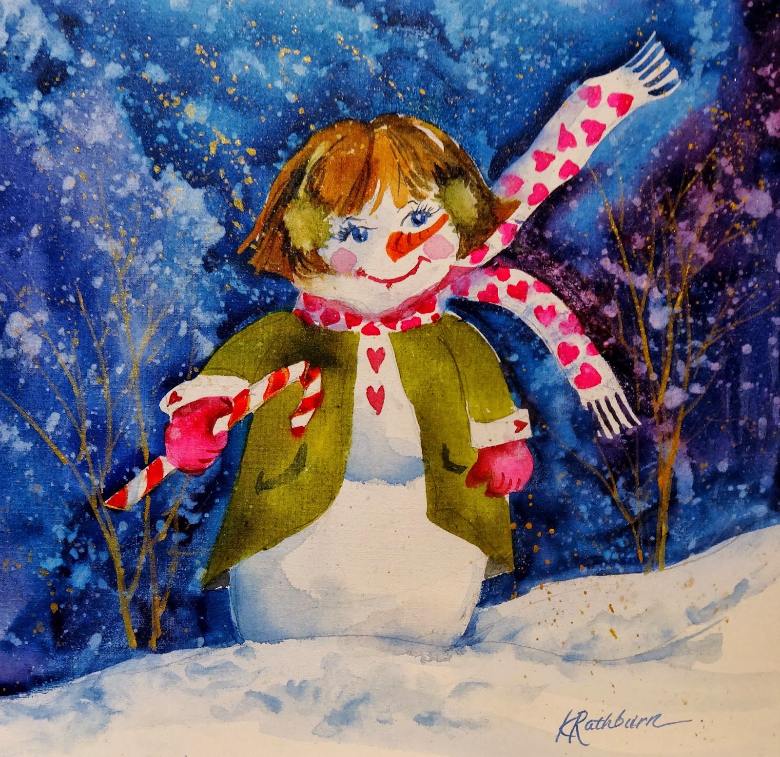 Kathy Los-Rathburn, watercolorist: Snow woman - wc on canvas