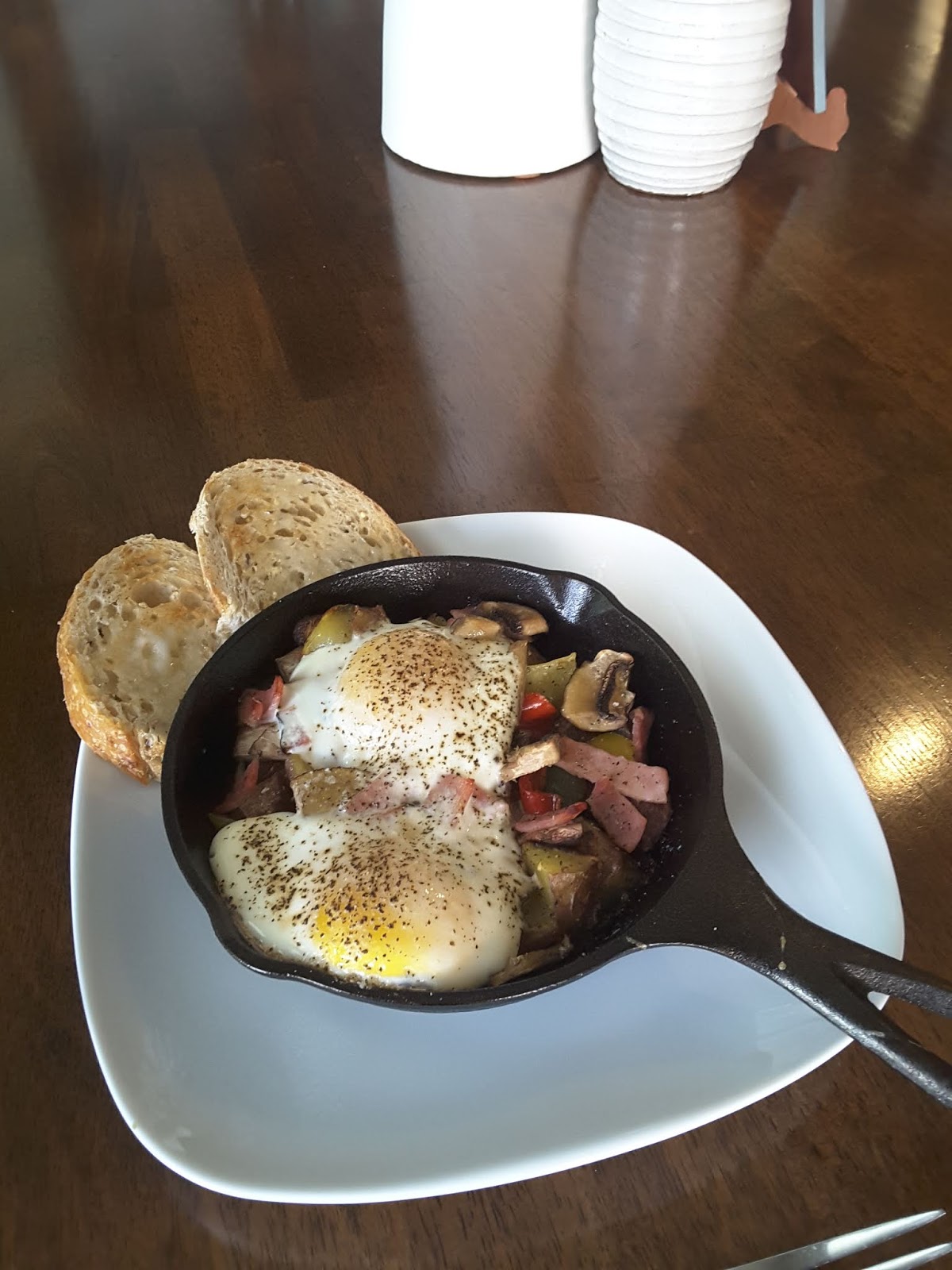 Kev's Culinary Creations: Potatoes, Ham and Eggs in a cast iron skillet.