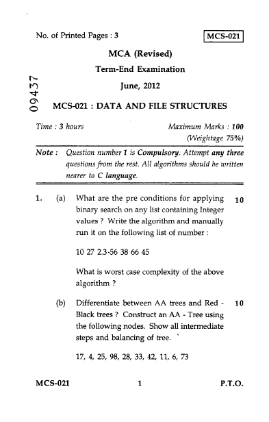 MCS-021 : DATA AND FILE STRUCTURES - IGNOU MCA Revised June 2012 Question Paper - University ...