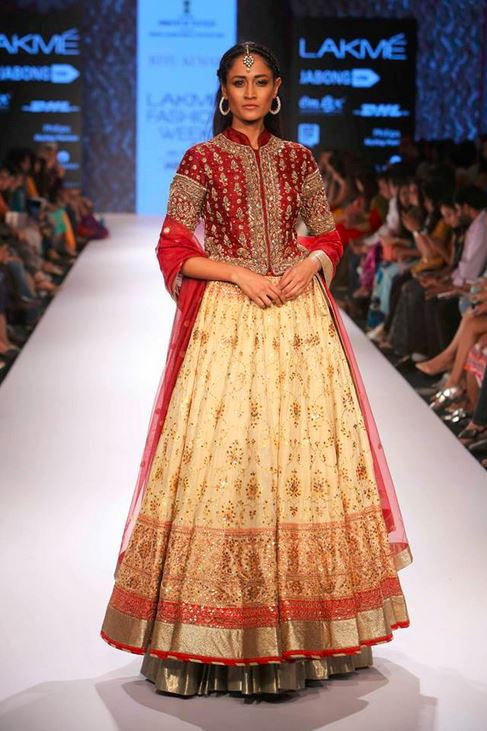 RED CREAM HEAVY EMBELLISHED ANARKALI DRESS BY RITU KUMAR