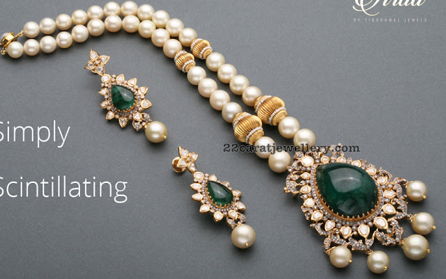 Pearls Long Set with Emerald Pendant - Jewellery Designs