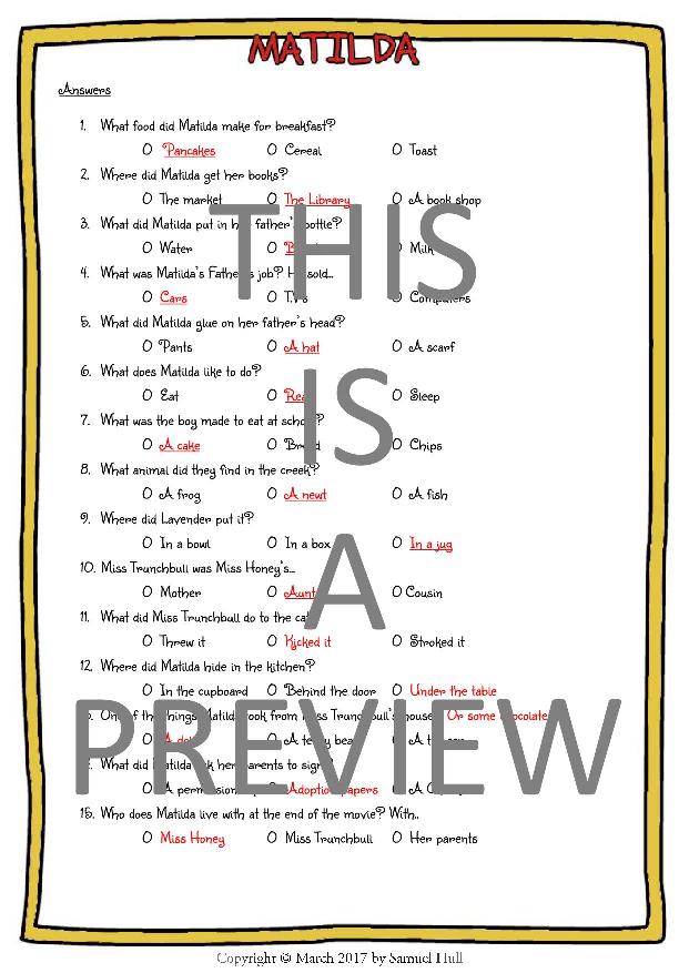 Matilda (1996) - Movie Comprehension Questions + Activities - Answer ...