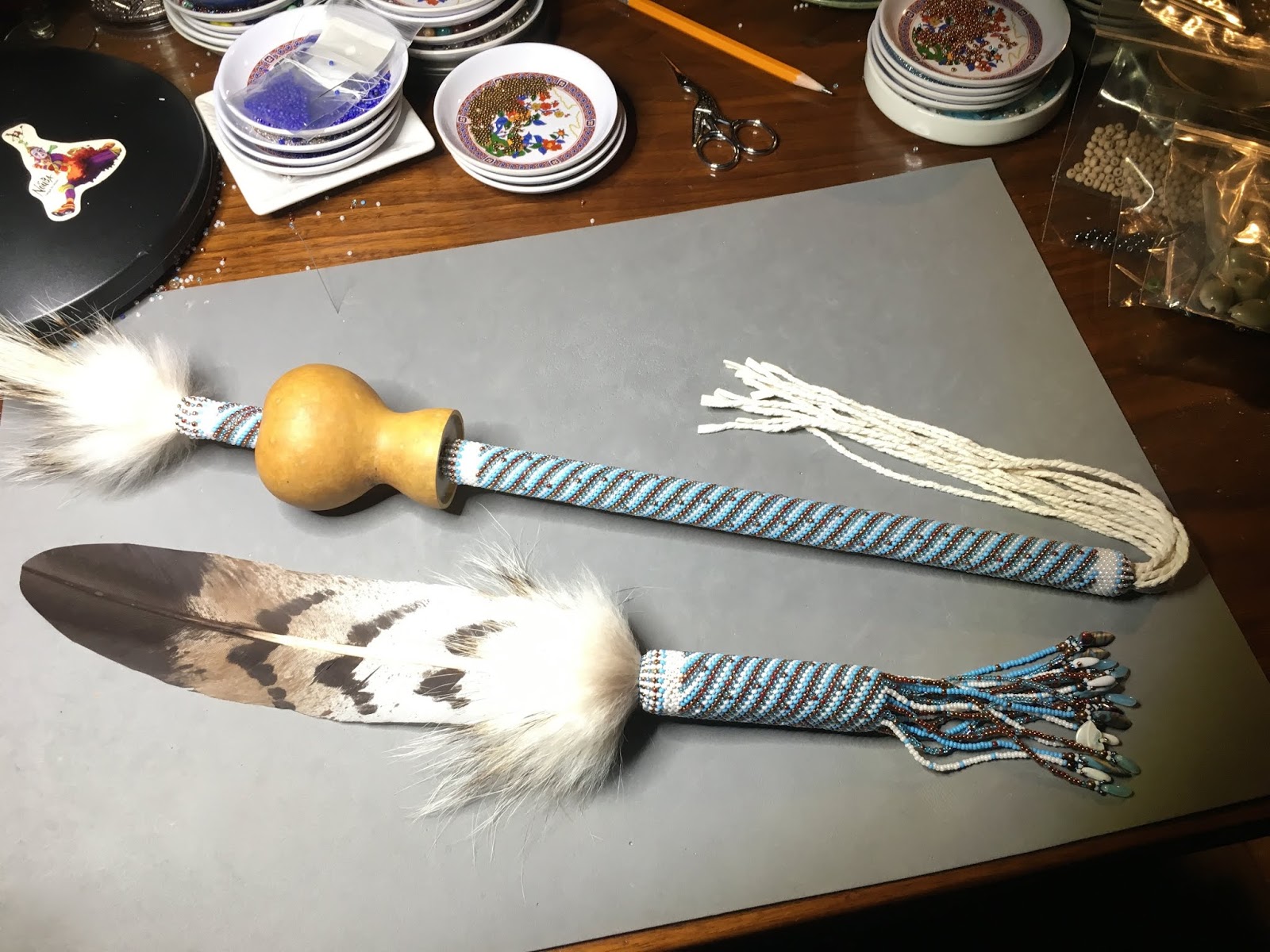 Dreamkeeper Creations: Sacred Peyote Gourd Rattle and Saging Feather
