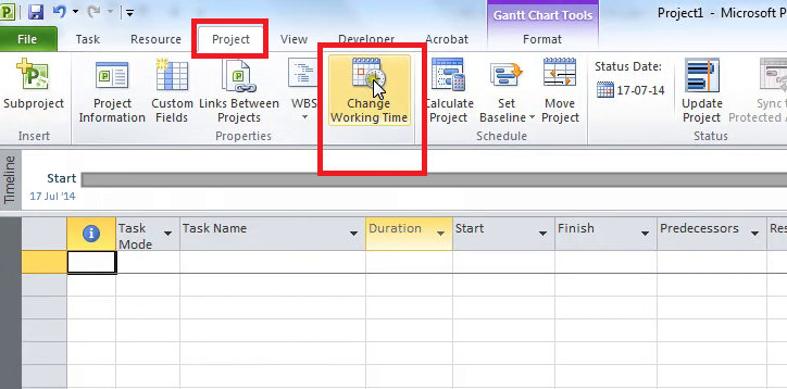How to set the Global Calendar in MS Project 2010
