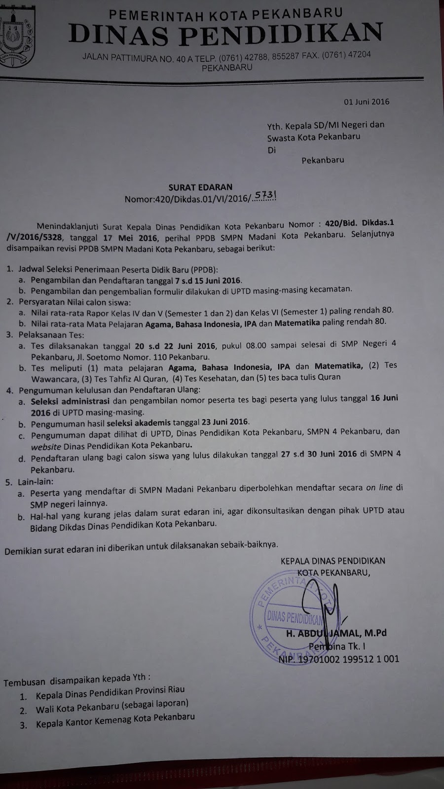 Uptd Pendidikan Kecamatan Tampan Surat Edaran Tentang Ppdb Smpn Madani
