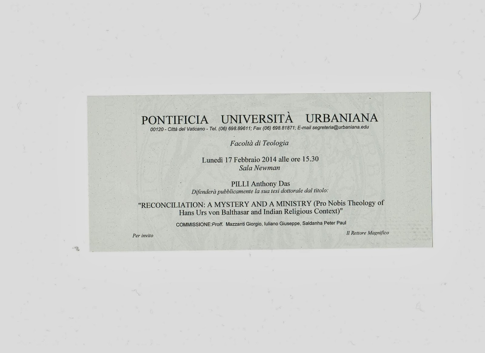 Telugu Sangham, Rome, Italy: Invitation for Defense of Doctoral Thesis