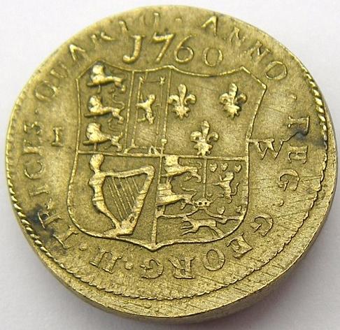 Coin Weights: IRISH GEORGE II 8dwt and 16grs BRASS COIN WEIGHT 1760