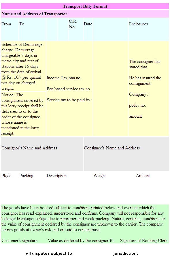 Transport Bilty Format | Accounting Education