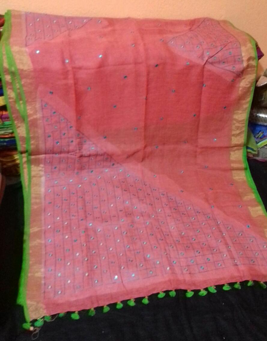 Linen Mirror Work Saree