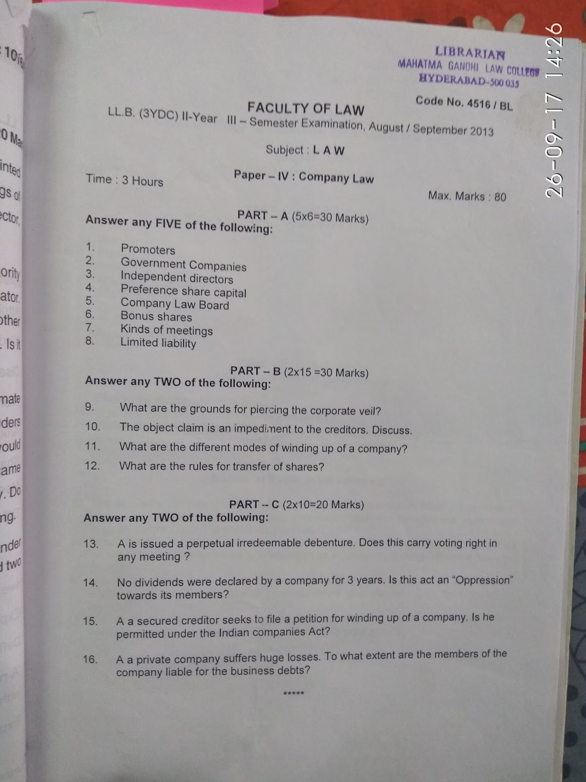 A Blog for LLB 3YDC GENERAL / HONORS: COMPANY LAW PREVIOUS QUESTION PAPERS