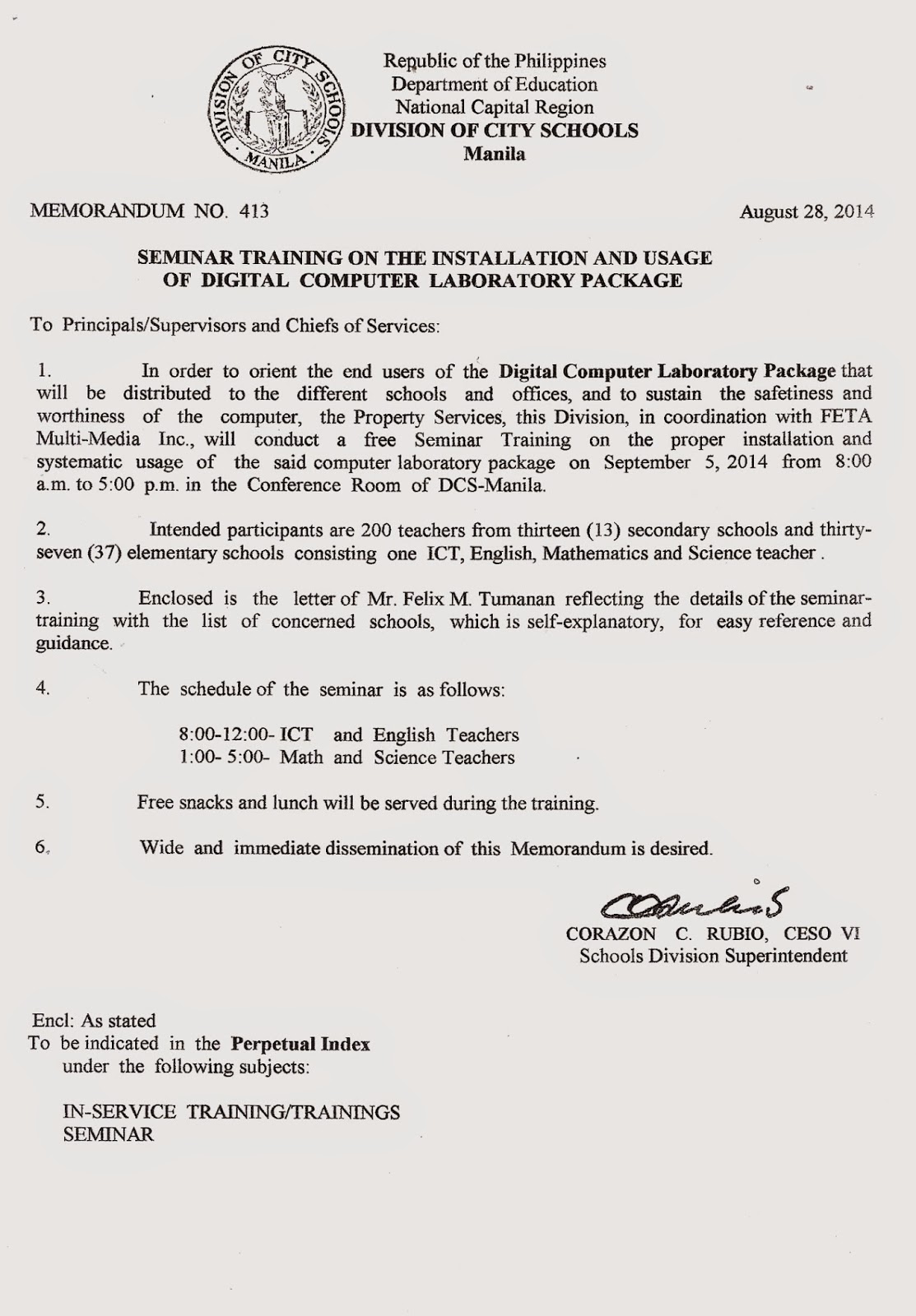 Department of Education Manila: Division Memorandum No. 413 - SEMINAR ...