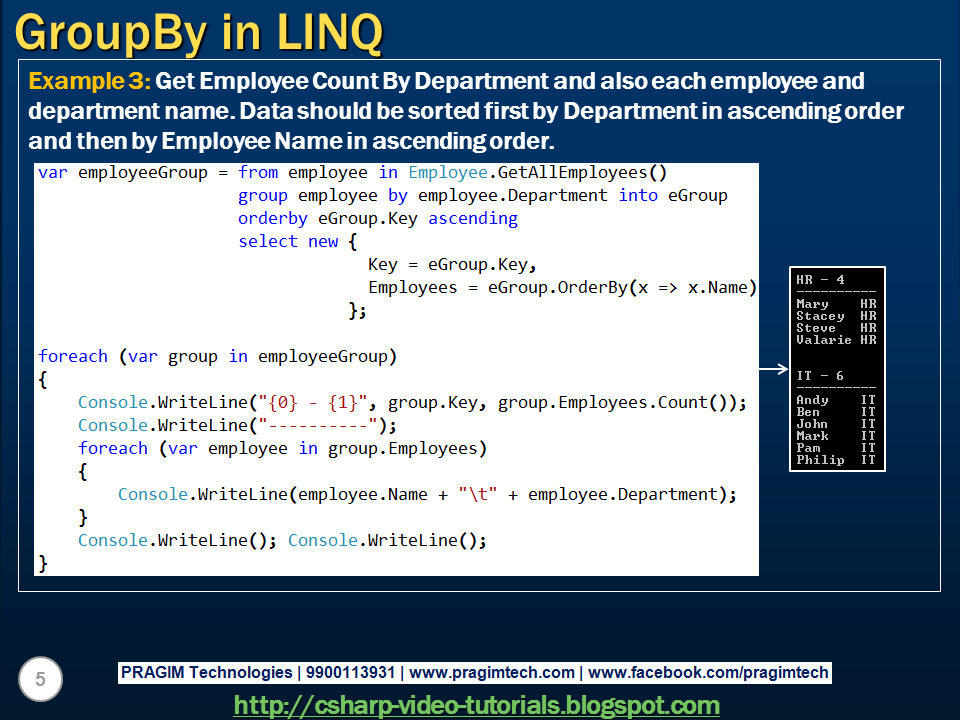 Sql server, .net and c# video tutorial: Part 18 - GroupBy in LINQ