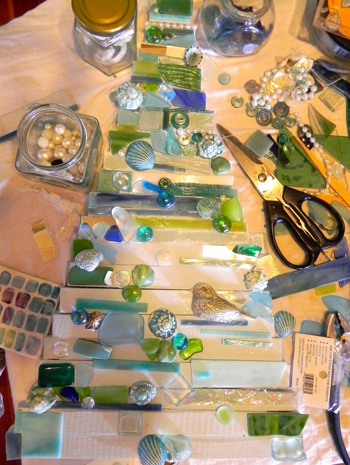 Summerland Cottage Studio: Mosaic glass and ceramic seashore themed tree