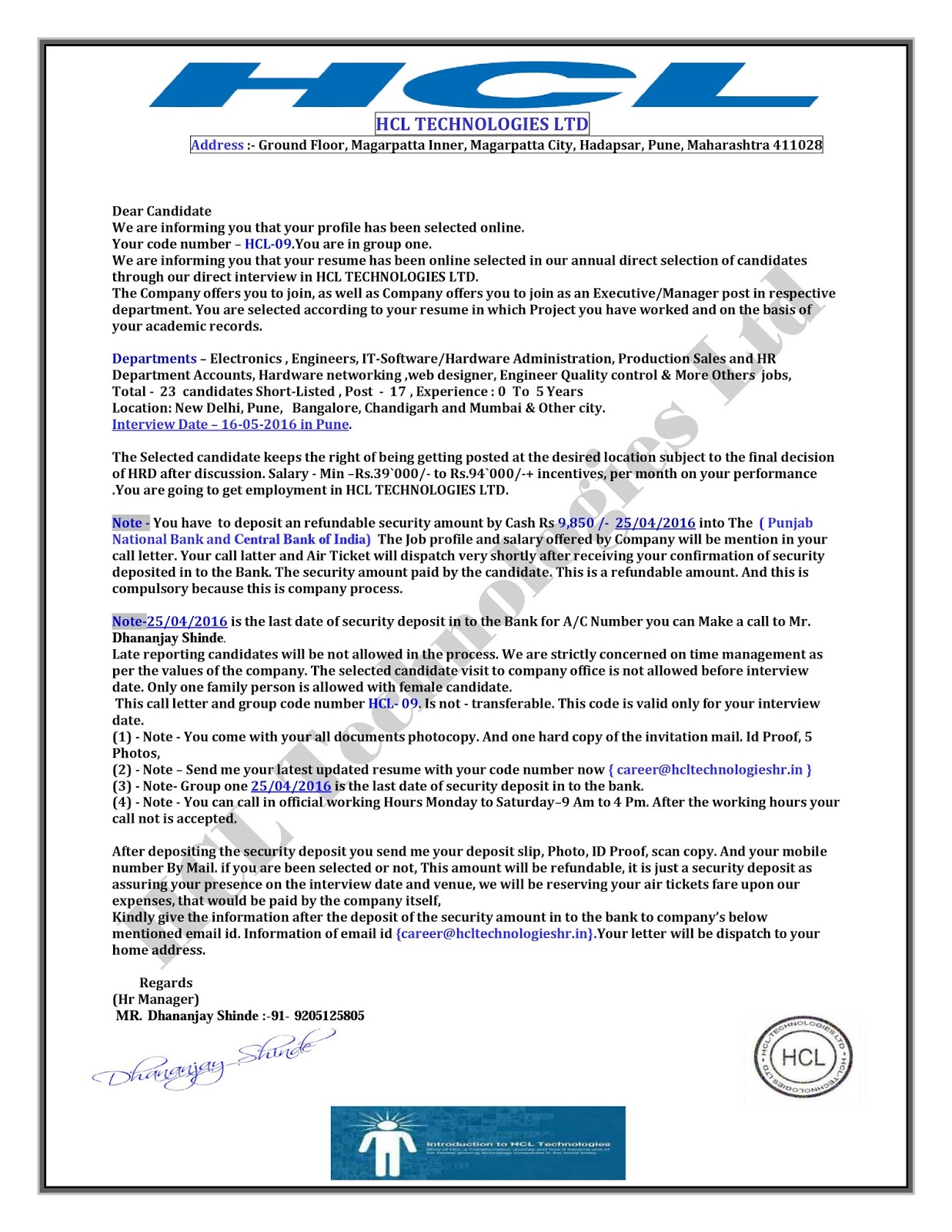 CALL LETTER: Blog posted by Mr Dhananjay Shinde [HR at Hcl Technologies ...
