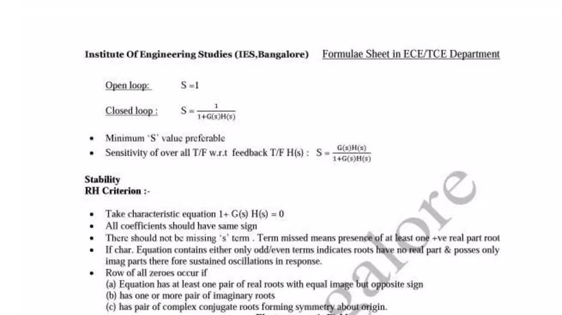 Formula sheets- Control Systems - Gateway of Engineering