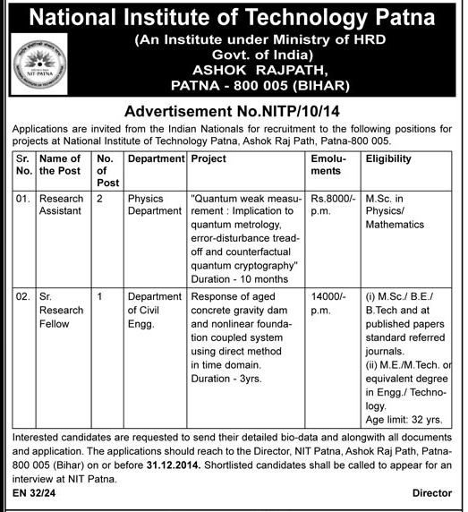 NIT Patna Recruitment 2014 Research Assistant, SRF