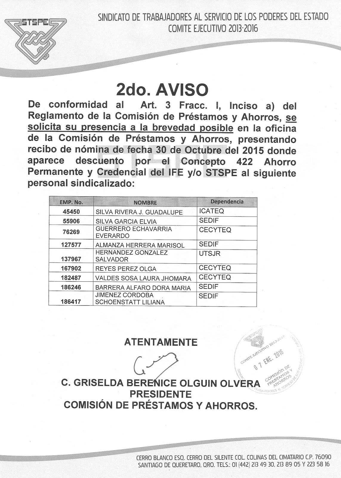 INFORMACIÓN DEL STSPE: AVISO 2do COMISIÓN DE PRESTAMOS Y AHORROS. 07-01 ...
