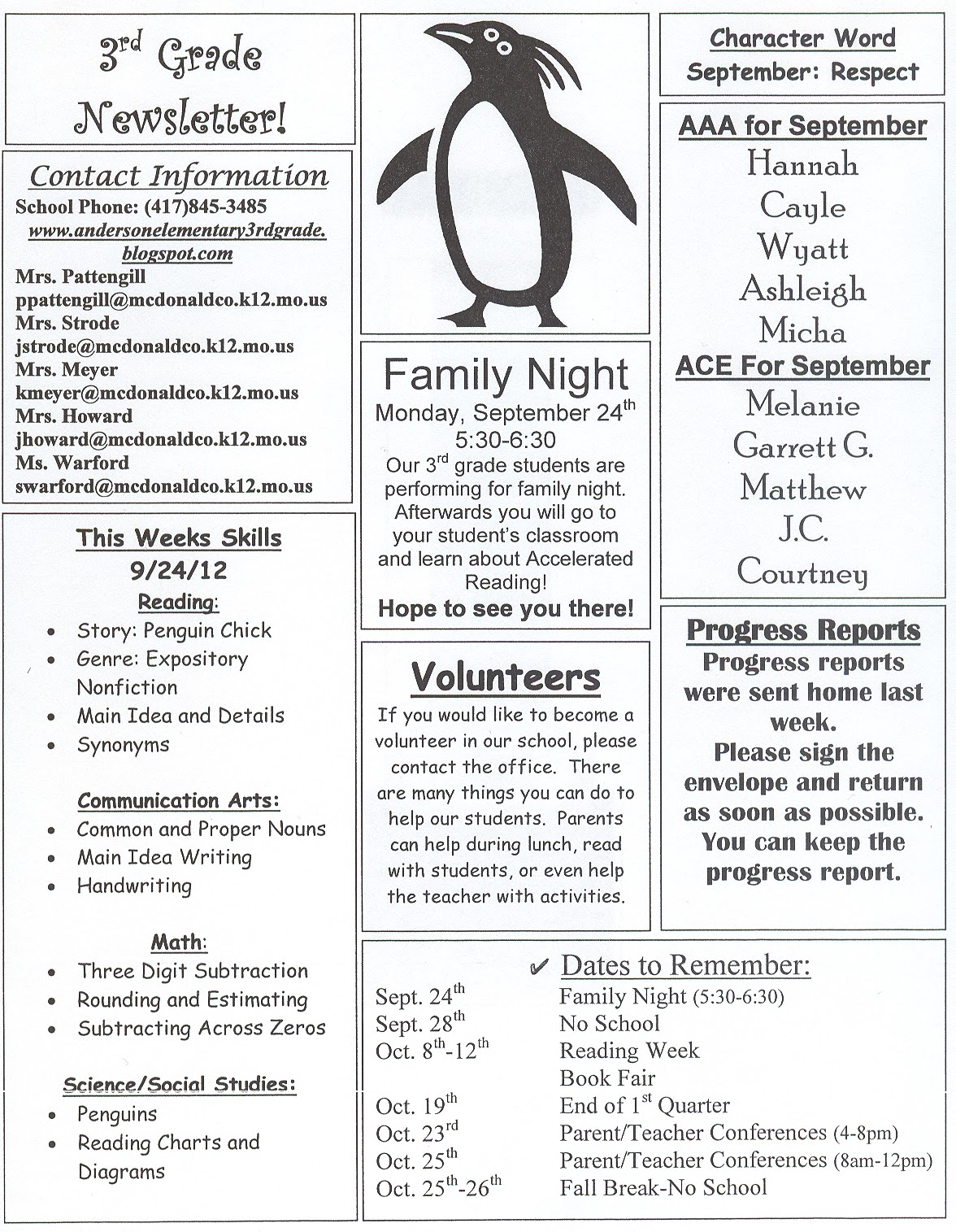 Anderson 3rd Grade: Newsletter and Homework 9/24/2012