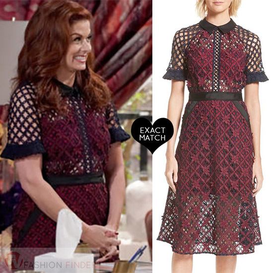 Grace Adler in burgundy lace midi dress on Will and Grace season 9 ...