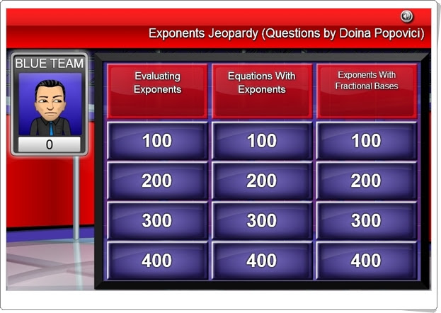 Juegos educativos de Matemáticas online: "Exponents Jeopardy Game"