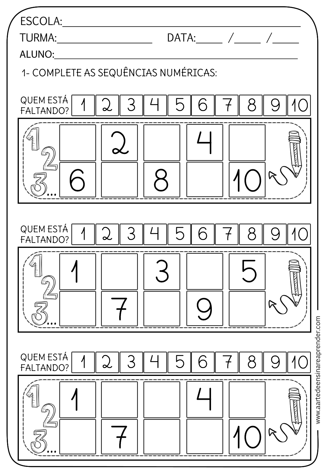 A Arte de Ensinar e Aprender: Atividades numerais 1 a 10
