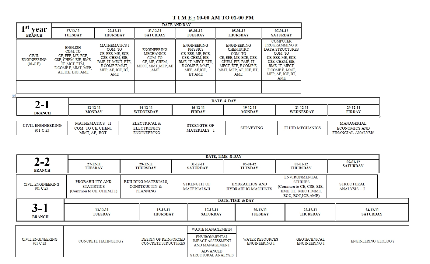 Time Table CIVIL ENGINEERING time-table-civil-engineering