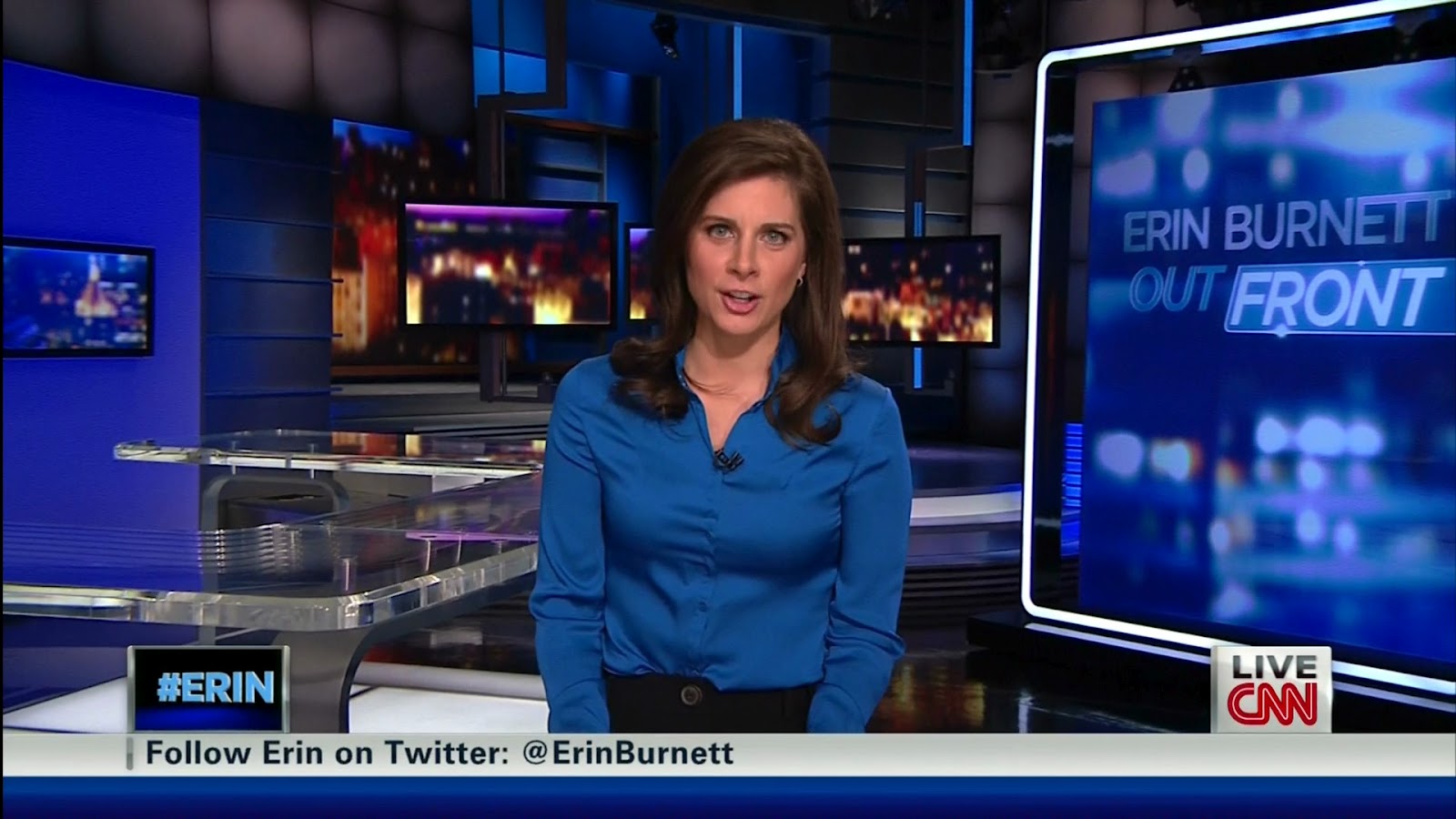 Ladies in Satin Blouses: Erin Burnett - blue blouse