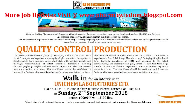 UNICHEM LABORATORIES - Walk-In Interviews for QC & Production on 2nd ...