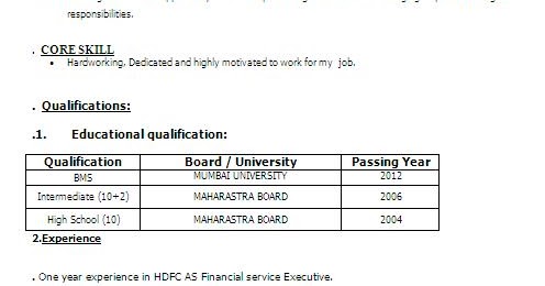 Bachelor Of Management Studies / BMS Resume Format in Word Free Downlaod