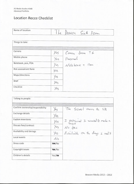 Pre-Production - Recce Checklist ~ Joe Cross A2 Media Studies