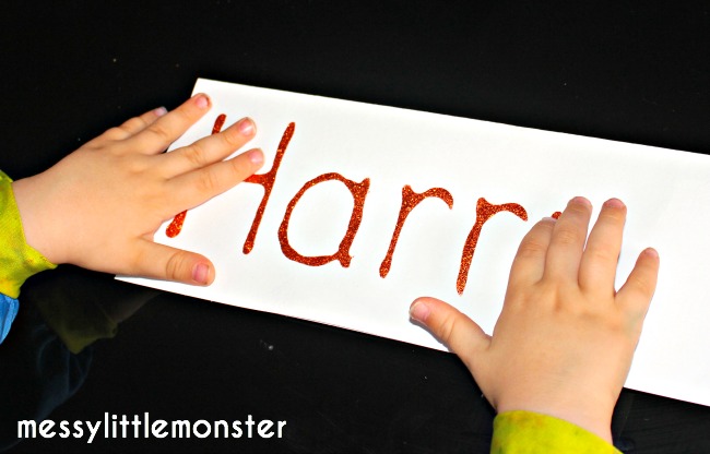 Name Writing Activity using Glitter Glue - Messy Little Monster