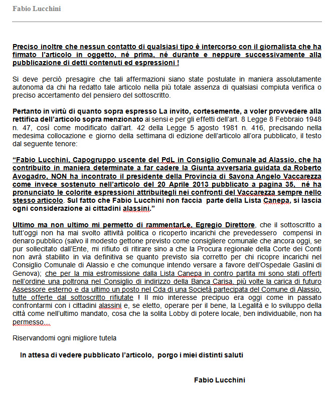 ALASSIOFUTURA: Alassio - Fabio Lucchini chiede al Secolo XIX la ...