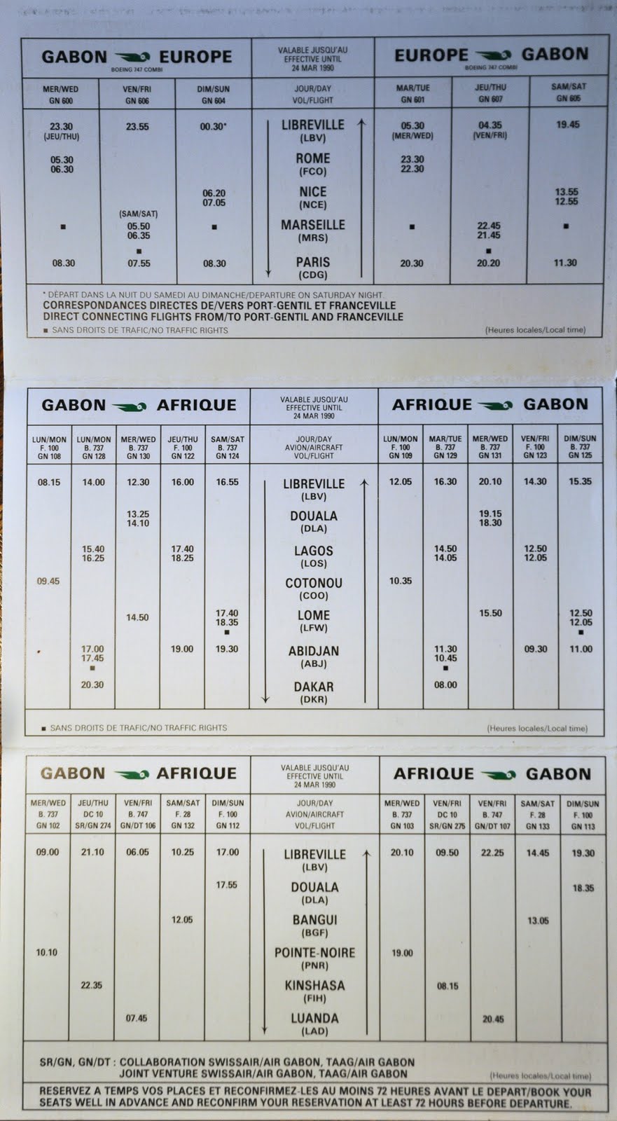 The Timetablist: Air Gabon: Systemwide Timetable, 1990