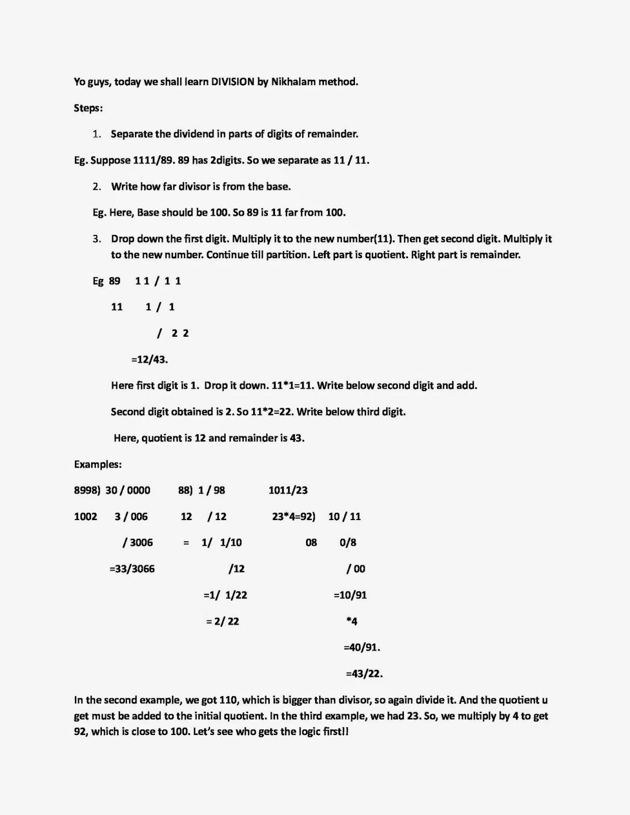 VEDIC MATHS: DIVISION BY NIKHILAM SUTRA