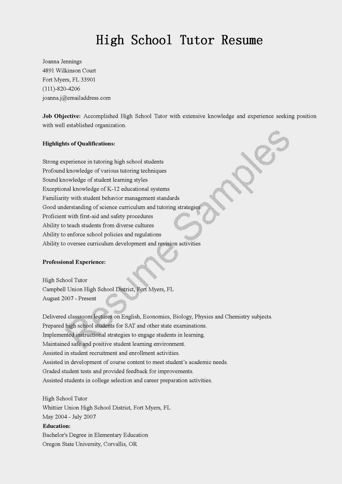 Resume Samples: High School Tutor Resume Sample