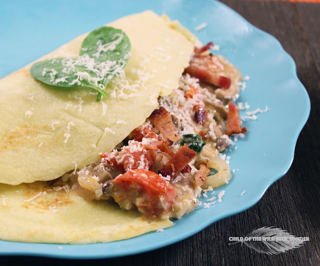Hearty Asiago, Mushroom, and Bacon Crepe - Child of the Wild Blue Yonder