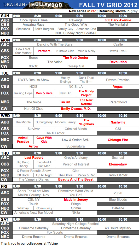 NWK to MIA: 2012-13 Fall Broadcast Primetime Grid