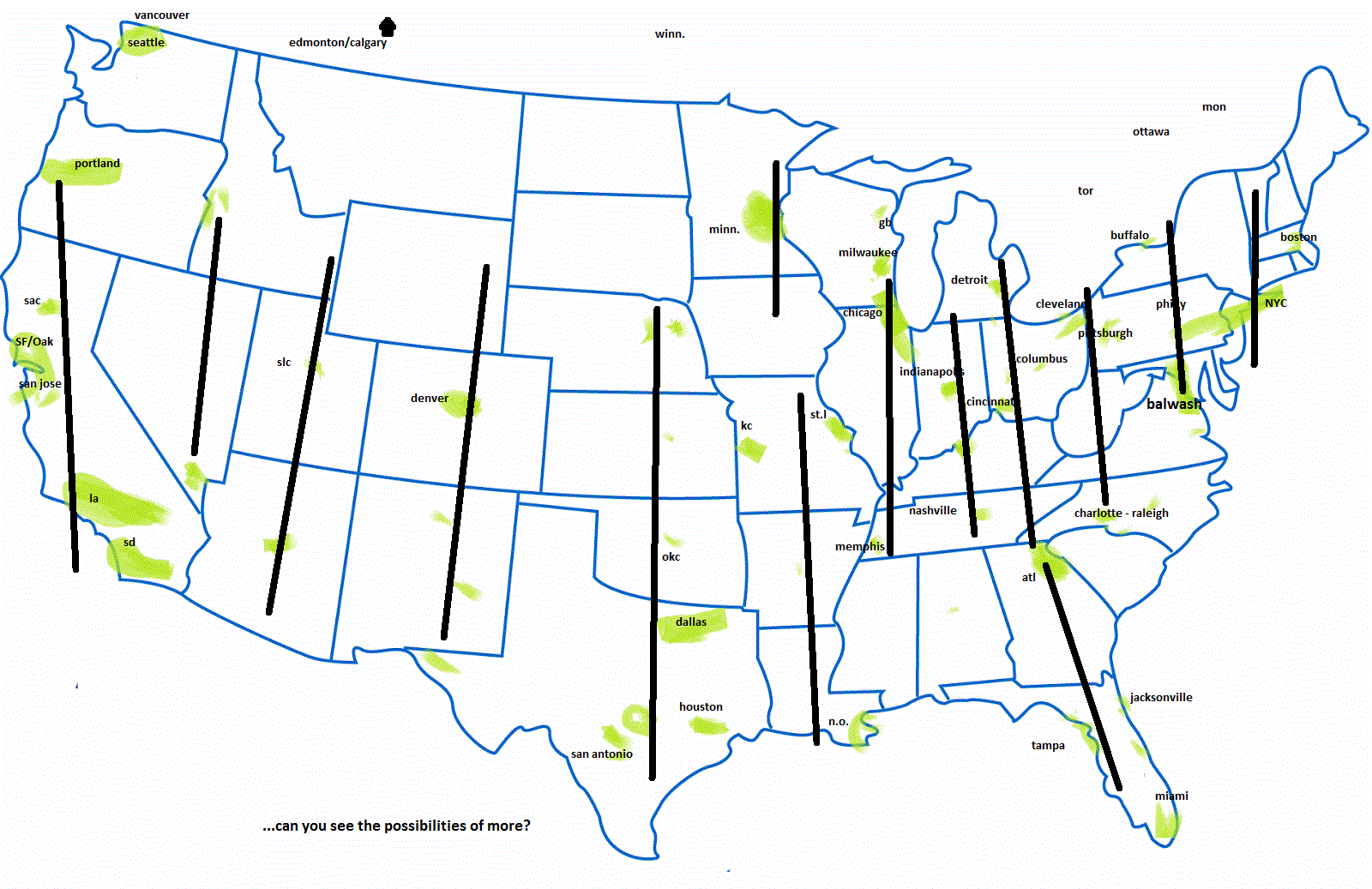 Next Major League Expansion Team: Map of N. American Big Pro Sports. 9 ...