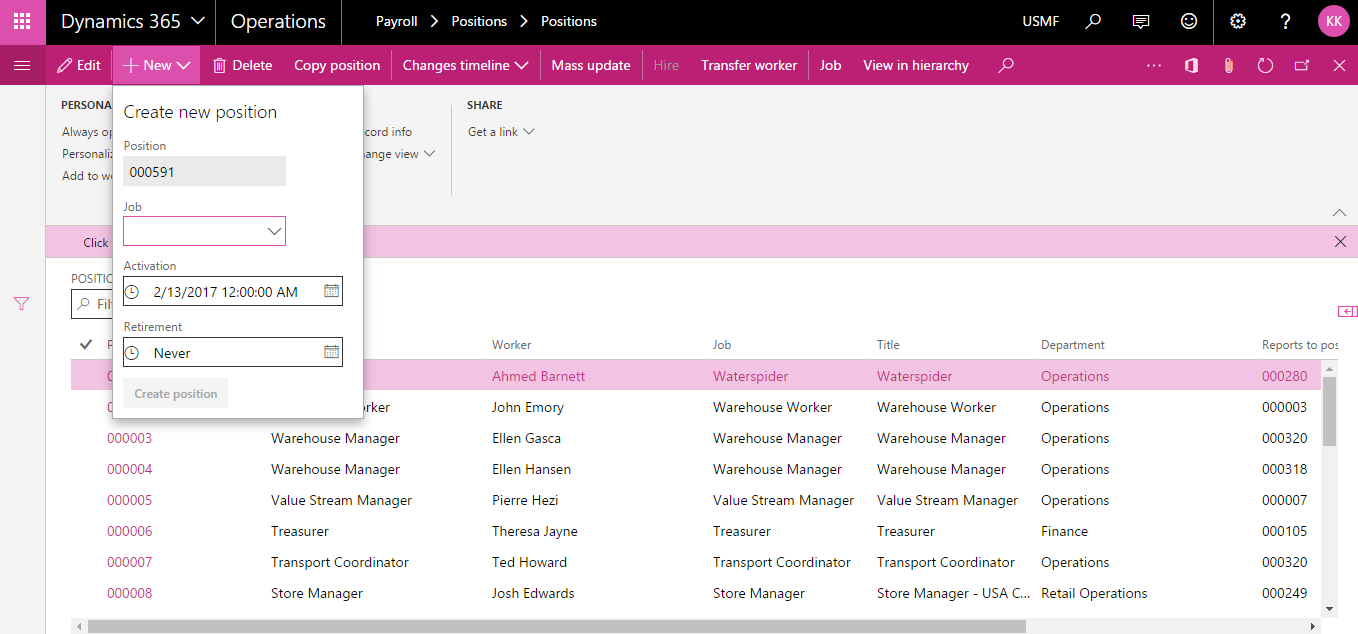 Dynamic 365 Finance and Operations: Create Position in Dynamics365 (AX7)